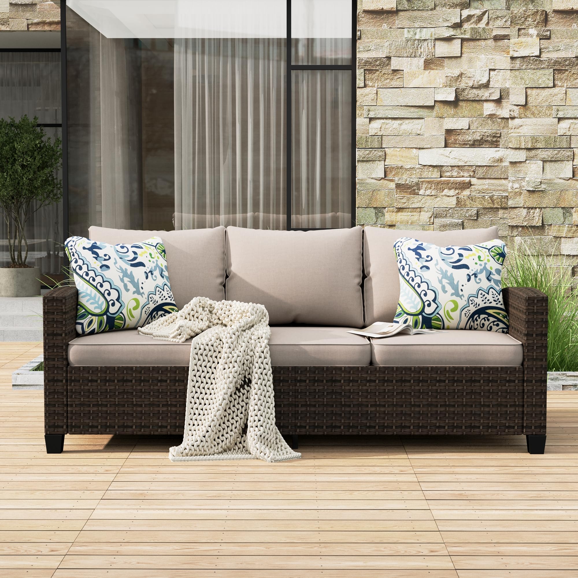 HERA'S HOUSE Outdoor Patio Sofa, 3-Seat Wicker Couch with Waterproof Thick Cushions, Deep Seating Furniture for Garden Porch Backyard, Beige