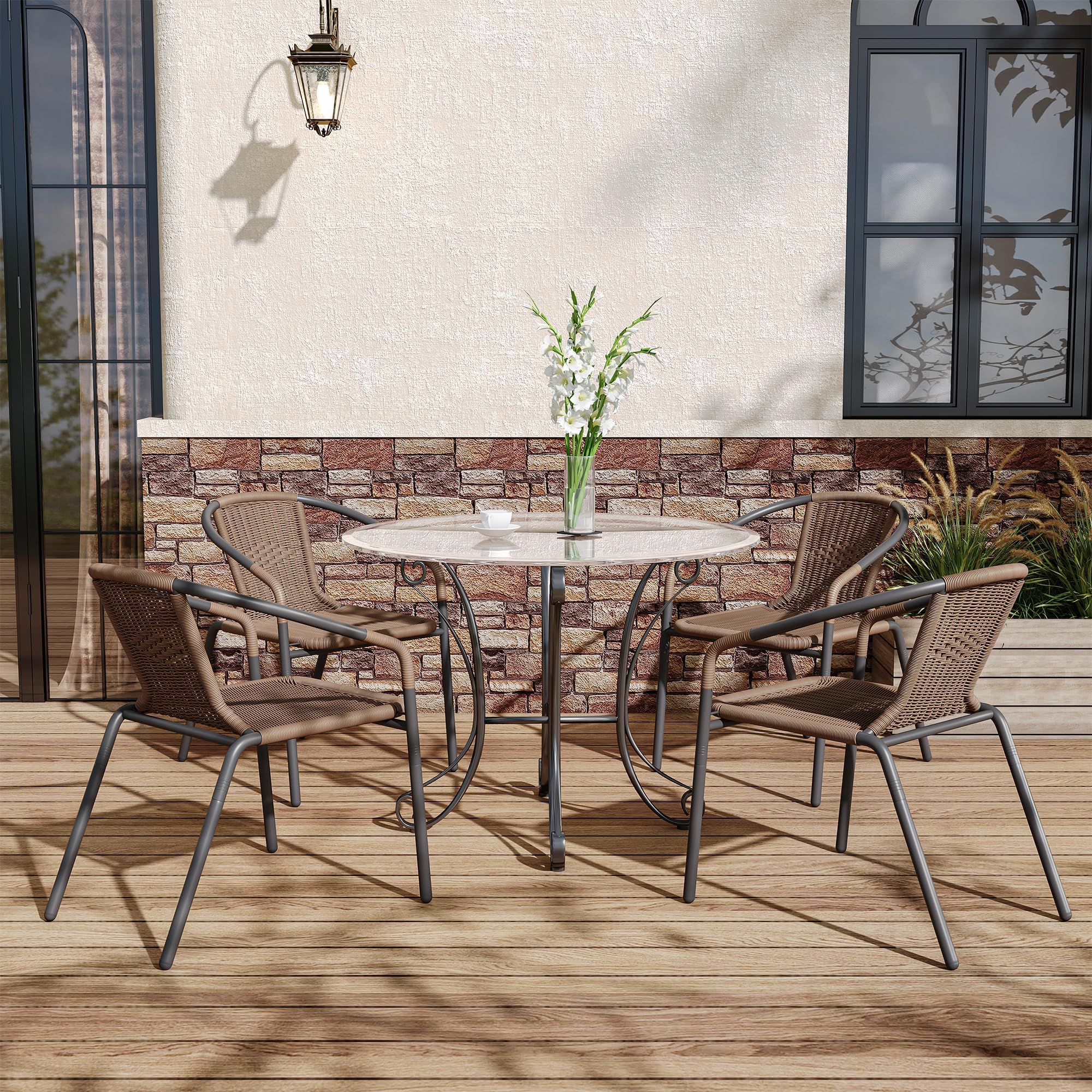 UDPATIO Rattan Patio Dining Chairs Set of 4, Wicker Stackable Outdoor Chairs with All Weather Curved Back & Metal Frame, for Indoor Restaurant Porch Deck, Brown