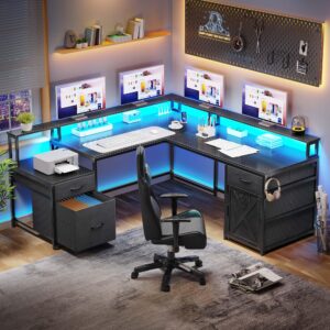 YITAHOME L Shaped Desk, 63" Reversible Computer Desk with 3 Drawers & Power Outlets, Corner Desk with LED Lights & Storage Cabinet, Long Home Office Desk, Black