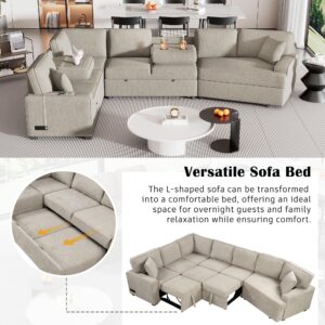 Aiuyesuo Modern 126" L-Shaped Sofa, Sectional Sofa Couch with Charging Devices, Pull-Out Sofa Bed with Cup Holders, Convertible Sectional Sofa for Living Room Apartment (Beige-193J)