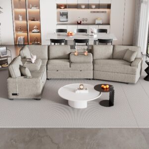 aiuyesuo modern 126" l-shaped sofa, sectional sofa couch with charging devices, pull-out sofa bed with cup holders, convertible sectional sofa for living room apartment (beige-193j)