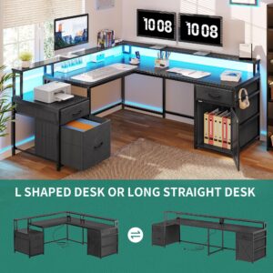 YITAHOME L Shaped Desk, 63" Reversible Computer Desk with 3 Drawers & Power Outlets, Corner Desk with LED Lights & Storage Cabinet, Long Home Office Desk, Black