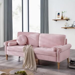 RXRRXY Modern Loveseat Sofa,Velvet Loveseats for Small Spaces, Mid Century 3 Seater Sofas,Button Tufted Upholstered Couch for Bedroom,with Pillow,Suitable for Living Rooms, Apartments,Office. (Pink)