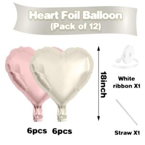 Baby Pink White Heart Balloons,12Pcs 18 Inch Light Pink Cream Foil Love Heart Shaped Balloons for Bow Birthday Party Bridal Engagement Wedding Anniversary Baby Shower Valentines Day Decorations