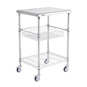 vevor kitchen utility cart, 3 tiers, wire rolling cart with 470lbs capacity, steel service cart on wheels, metal storage trolley with 76mm basket curved handle pp liner 6 hooks, for indoor and outdoor