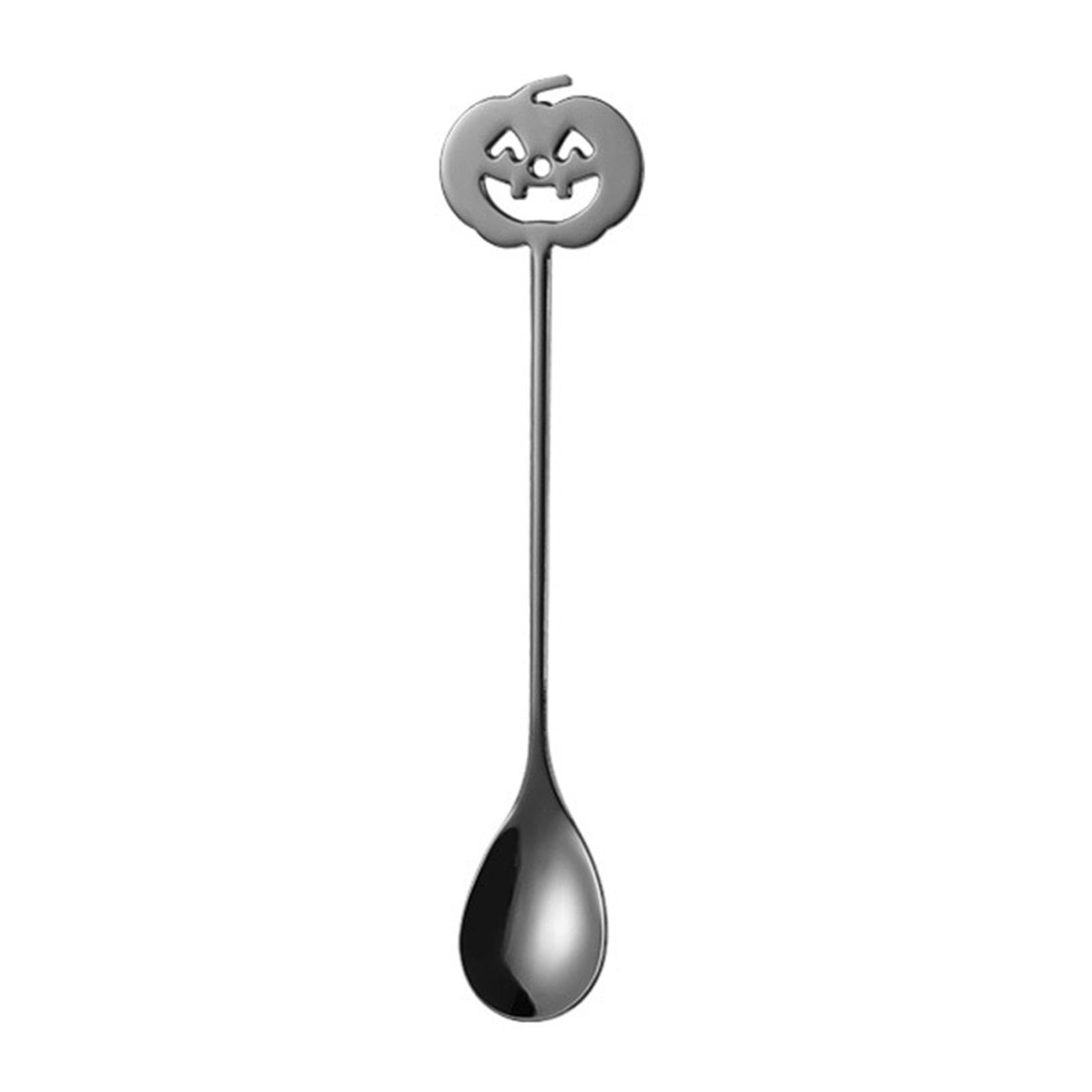 Halloween Spoon Halloween Coffee Spoon Stainless Steel Mixing Coffee Stirrer Spoon With Pumpkin Head Stainless Steel Dessert Spoon Halloween Party Dinnerware (Black)