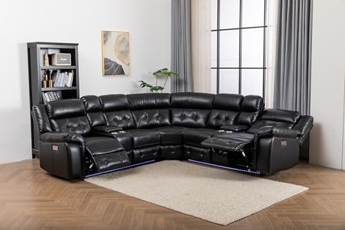 Kingway Power Recliner Chair Sectional Couches with LED Light for Living Room, Electric Faux Leather Reclining Sectional Couch Sets with Storage Console for Home, Black