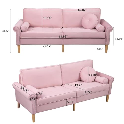 RXRRXY Modern Loveseat Sofa,Velvet Loveseats for Small Spaces, Mid Century 3 Seater Sofas,Button Tufted Upholstered Couch for Bedroom,with Pillow,Suitable for Living Rooms, Apartments,Office. (Pink)