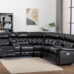 Kingway Power Recliner Chair Sectional Couches with LED Light for Living Room, Electric Faux Leather Reclining Sectional Couch Sets with Storage Console for Home, Black