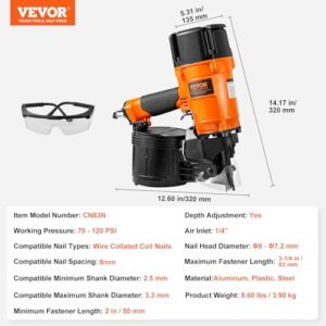 VEVOR Coil Siding/Framing Nailer CN83N, 2" to 3-1/4" 15 Degree Pneumatic Siding Nail Gun with Tool-Less Depth Adjustment, 70-120PSI Air Coil Nailer for Siding Sheathing Wooding Fencing Decking