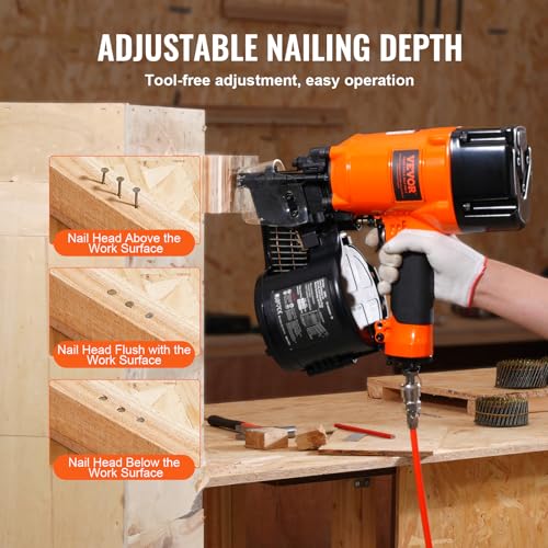 VEVOR Coil Siding/Framing Nailer CN83N, 2" to 3-1/4" 15 Degree Pneumatic Siding Nail Gun with Tool-Less Depth Adjustment, 70-120PSI Air Coil Nailer for Siding Sheathing Wooding Fencing Decking