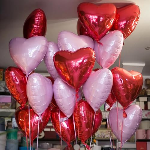 Pink Red Heart Ballloons,12Pcs 18 Inch Light Pink Foil Mylar Love Heart Shaped Balloons for Valentines Day Birthday Wedding Engagement Anniversary Party Graduation Baby Shower Decorations