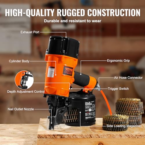 VEVOR Coil Siding/Framing Nailer CN83N, 2" to 3-1/4" 15 Degree Pneumatic Siding Nail Gun with Tool-Less Depth Adjustment, 70-120PSI Air Coil Nailer for Siding Sheathing Wooding Fencing Decking