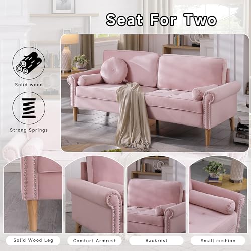 RXRRXY Modern Loveseat Sofa,Velvet Loveseats for Small Spaces, Mid Century 3 Seater Sofas,Button Tufted Upholstered Couch for Bedroom,with Pillow,Suitable for Living Rooms, Apartments,Office. (Pink)