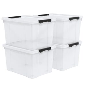 nihenok set of 4 50 l stackable plastic storage container with latching lids and wheels, clear home garage organization bins box, see-through