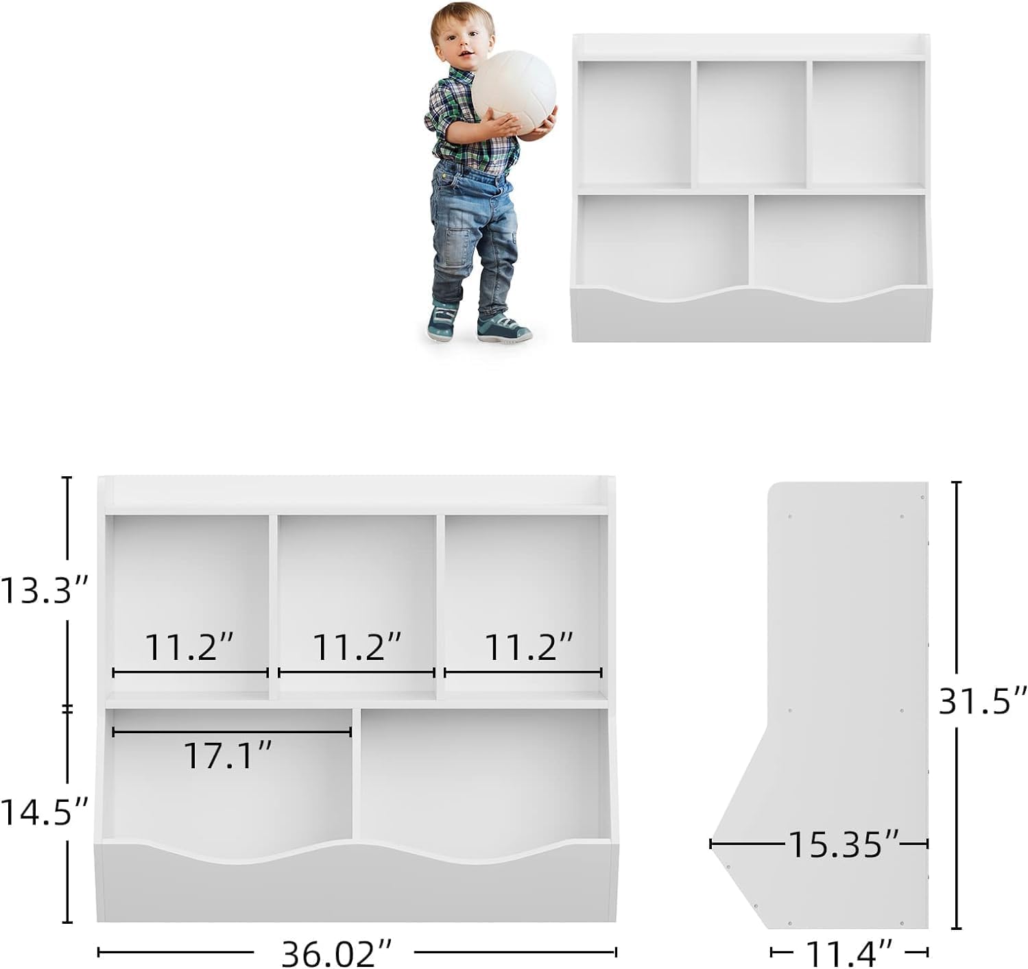 SUNNYFURN Kids 2-Tier Toy Storage Organizer Bookshelf - 5 Compartment Bookshelf & Toy Shelf for Kids' Room, Bedroom, Living Room, and Kindergarten - for Toys and Books White