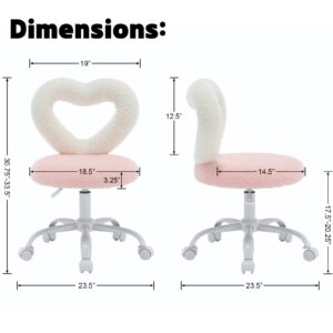 DUOMAY Faux Fur Kids Desk Chair, Heart Back Upholstered Computer Chair for Boys and Girls Cute Swivel Height Adjsutable Study Arm Chair for Child Home Bedroom, Pink & White