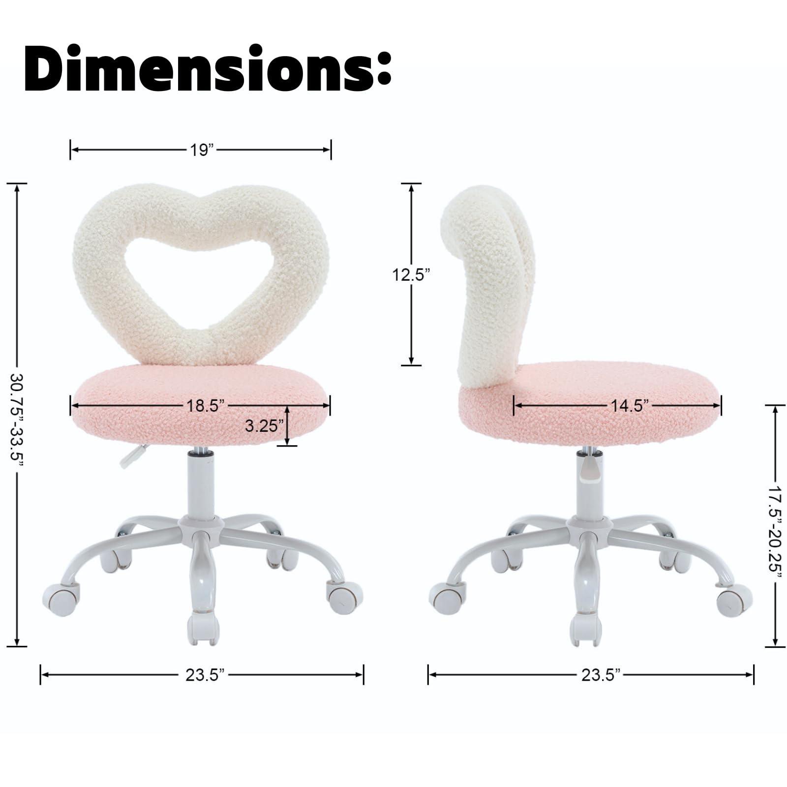 DUOMAY Faux Fur Kids Desk Chair, Heart Back Upholstered Computer Chair for Boys and Girls Cute Swivel Height Adjsutable Study Arm Chair for Child Home Bedroom, Pink & White