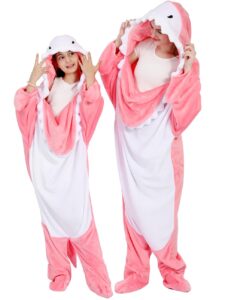 bevita shark blanket hoodie kids shark wearable blanket gifts for girls onesie, pink shark, 140