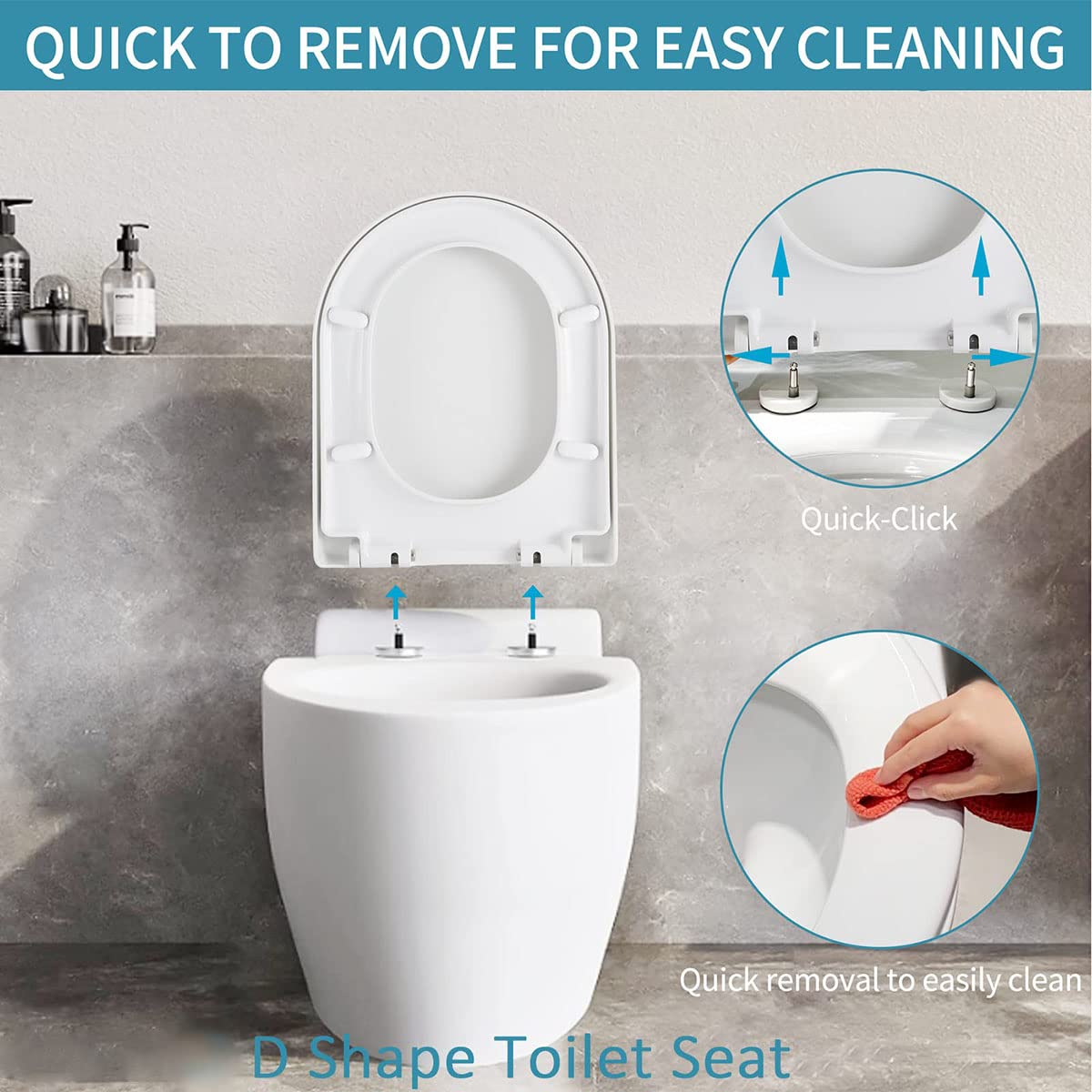 Toilet Seat D Shape Soft Close Toilet Seats Quick Release Easy Clean Toilet Seat Replacement with Non-Slip Bumpers for Bathroom White, 370 * 460mm,02R (02R)