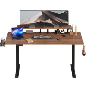 ONBRILL Standing Desk with 2 Adjustable Monitor Shelves, 47 x 24 Inches Electric Stand Up Desk with Memory Controller and Adjustable Height from 28-46 inches for Computer Workstations Brown