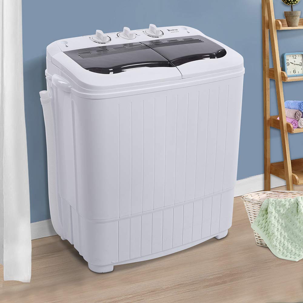 Portable Washing Machine and Dryer, 14Lbs Twin Tub Portable Washer Dryer Combo with Gravity Drain, Semi-Auto 7.7Lbs Washer Mini Laundry Machine with 6.6Lbs Spinner for Dorms, Apartments, RVs, Black