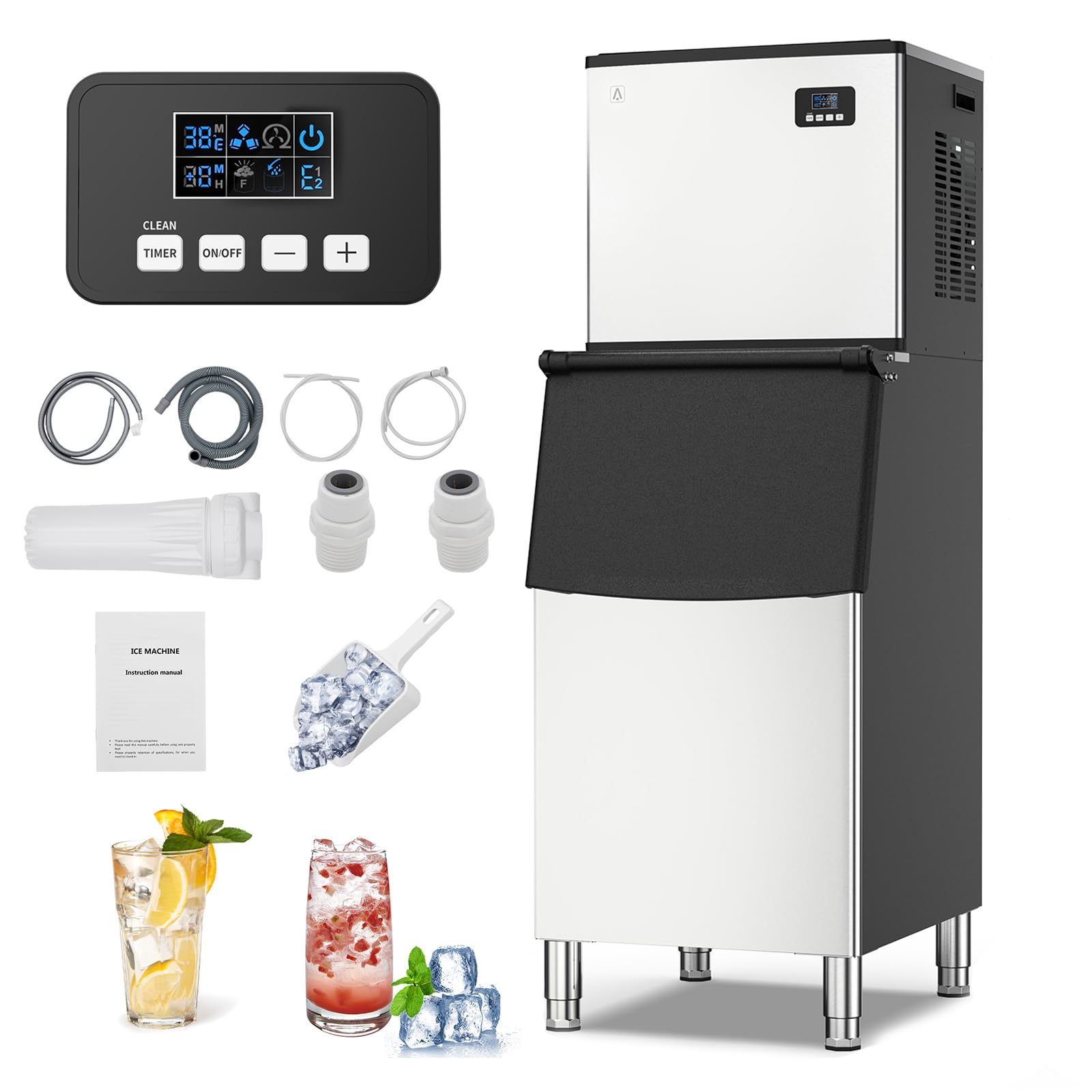 Agrestem Commercial Ice Maker Machine 350LBS/24H, Industrial Ice Mchine with 240LBS Large Storage Bin, Freestanding, Upgraded Compressor, Stainless Steel Large Ice Maker for Commercial/Restaurant/Bar