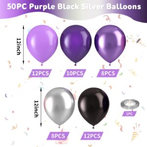 Purple Black Silver Balloons, Purple and Black Balloons, Metallic Purple Silver Balloons for Birthday Baby Shower Halloween Theme Party Wedding Graduation Bridal Shower Bachelorette Decorations