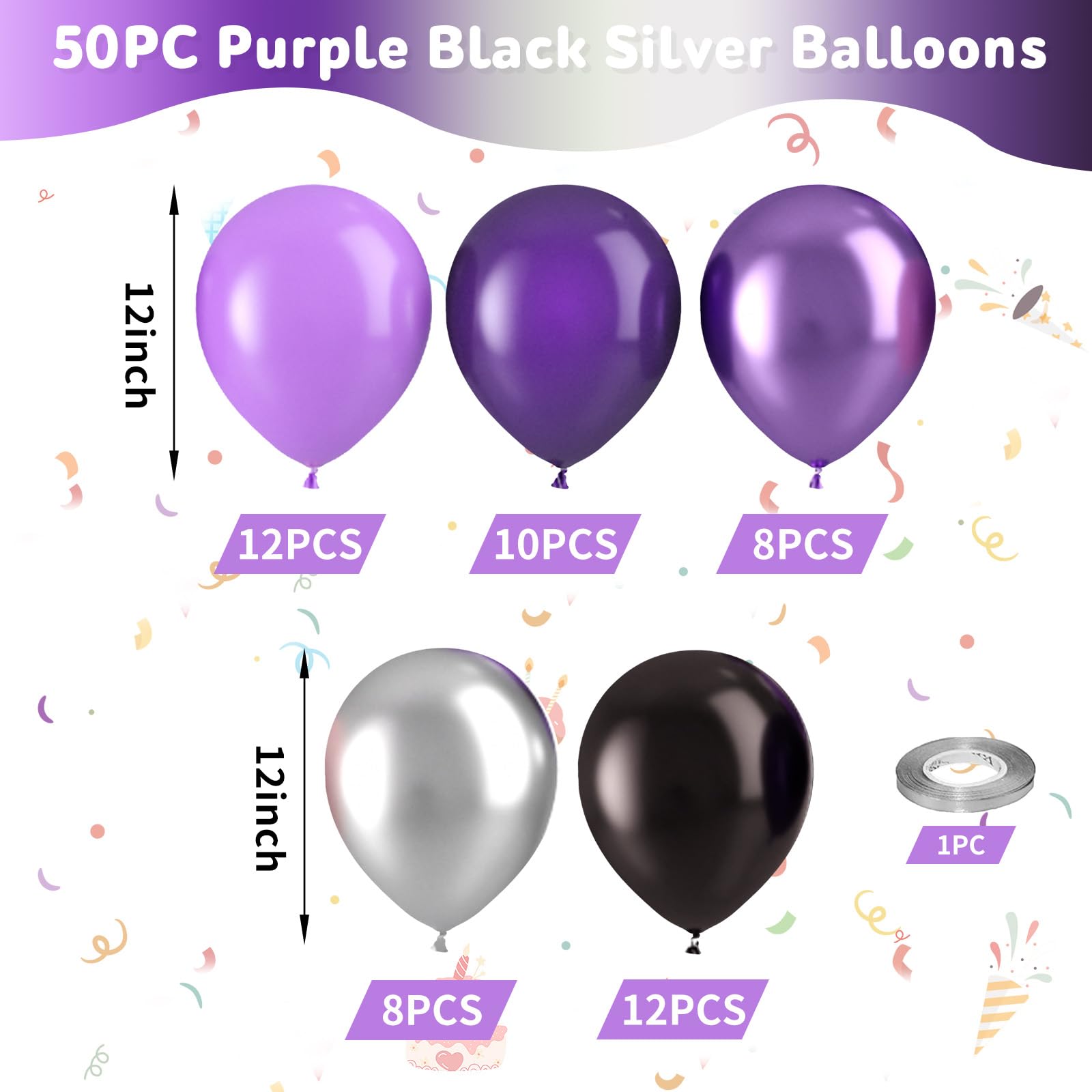 Purple Black Silver Balloons, Purple and Black Balloons, Metallic Purple Silver Balloons for Birthday Baby Shower Halloween Theme Party Wedding Graduation Bridal Shower Bachelorette Decorations