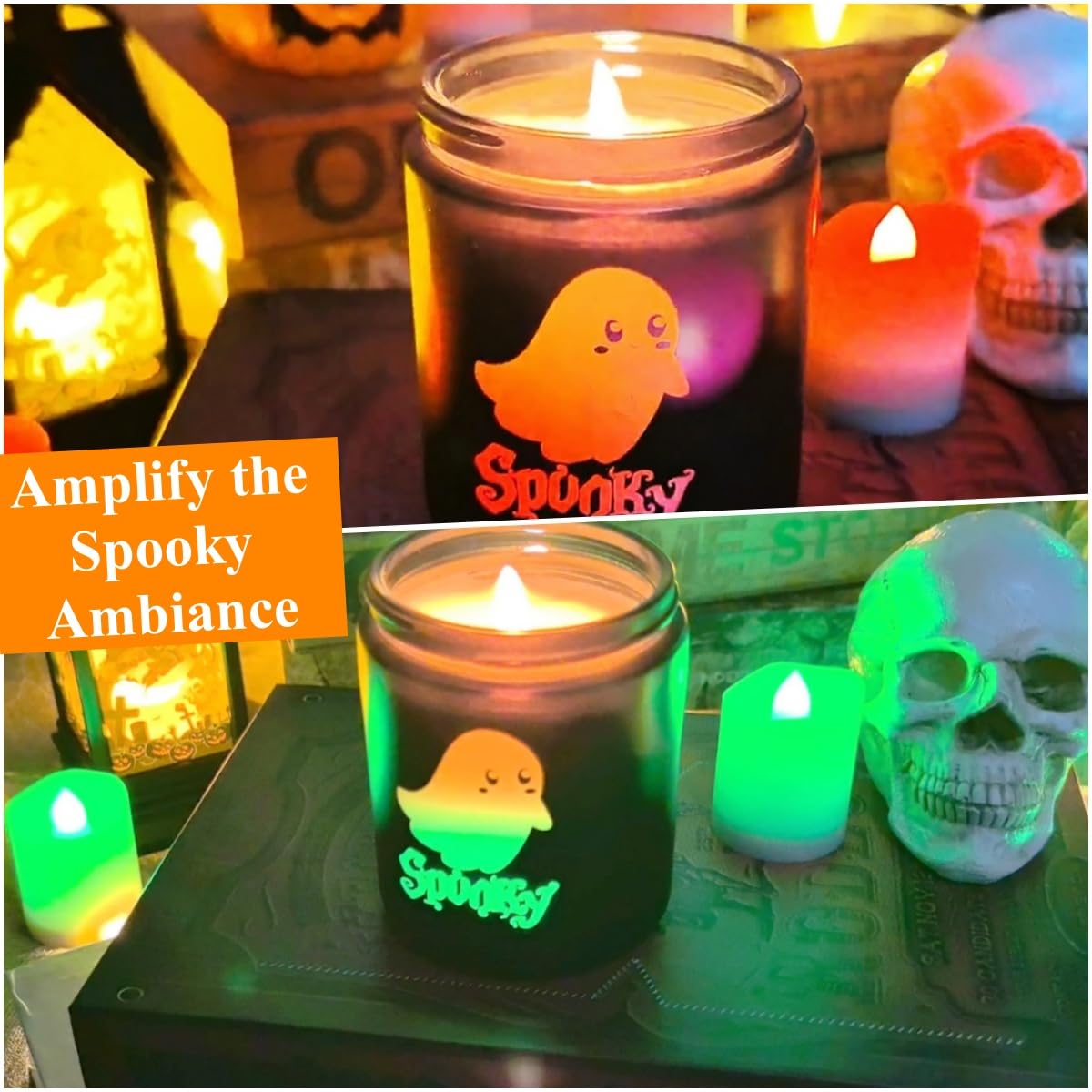 Halloween Candles Ghost Decorations, Fall Candles for Home, Halloween Candle with Cute Ghosts Print Changing Lights, Spooky Halloween Gifts for Women, 9oz Natural Lavender Candle