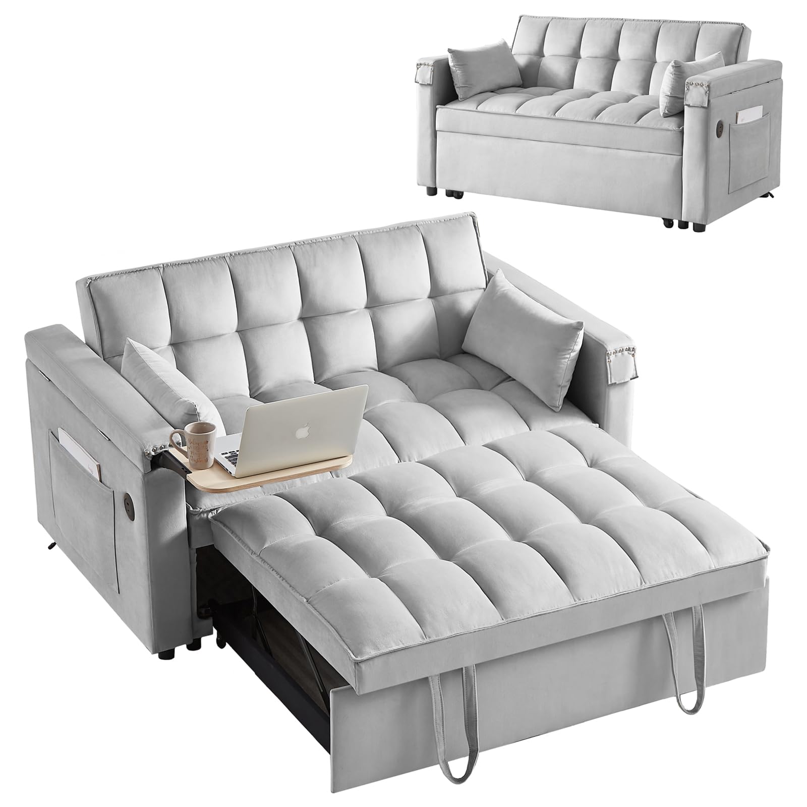 3 in 1 Sleeper Sofa Couch Bed, Convertible Sofa Bed with Side Table, Velvet Loveseat Pull Out Couch Bed with USB Port, Adjustable Backrest, Storage Pockets, for Living Room, Small Space, Office, Grey