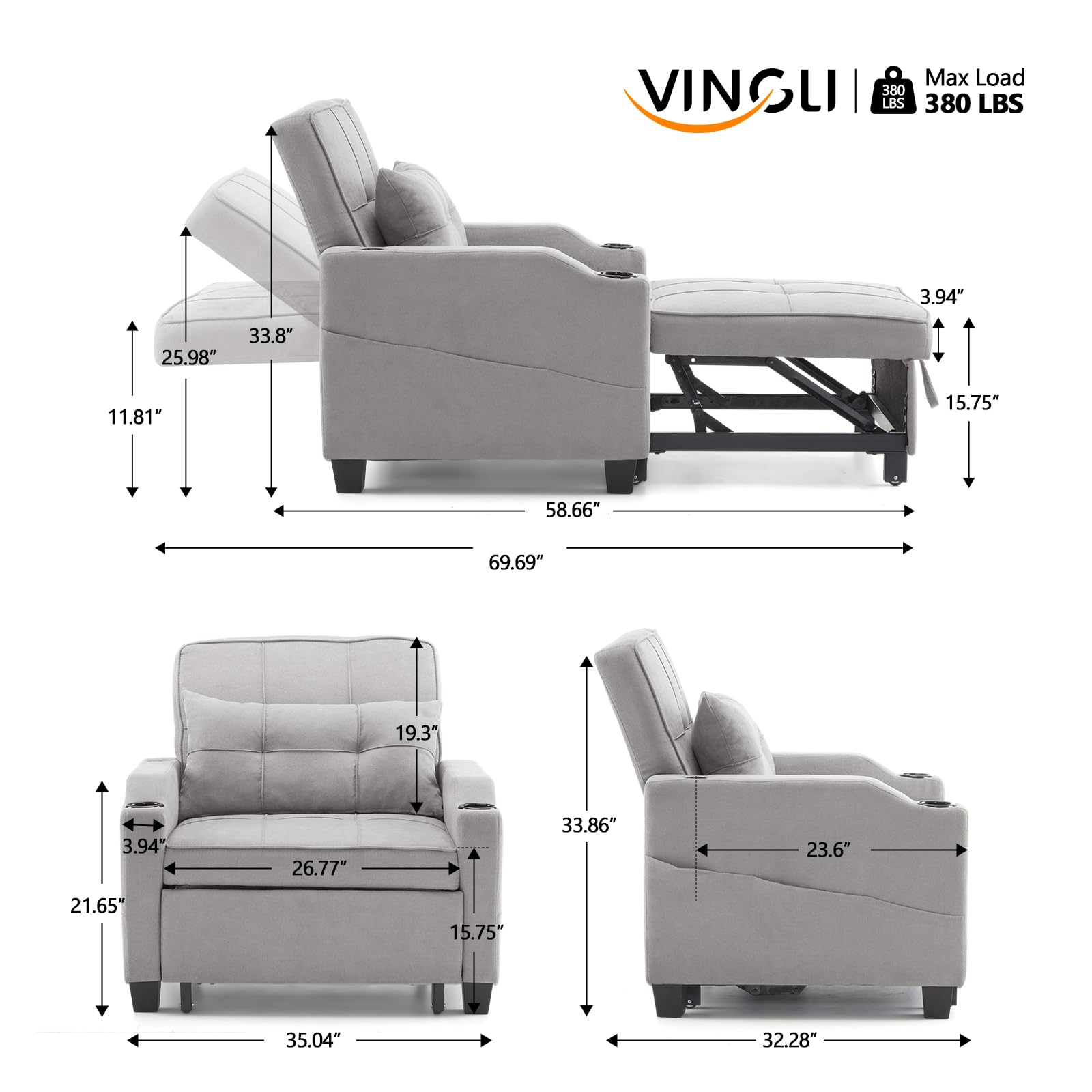 VINGLI Convertible Sleeper Chair 3-in-1 Sofa Bed Light Gray, Pull Out Couch Sleeper Sofa Recliner with USB Ports, Cup Holders, Side Pockets for Small Space Living Room, Bedroom