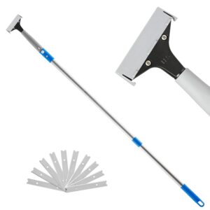 floor scraper, 4-inch razor blade with 10pcs extra metal blades, stainless steel material long handle switchable 37.8"/52"/66" sizes, scraper tool for cleaning stove top, glass, tiles, wall, labels