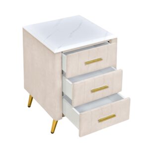 Merax Nightstand with Drawers Set of 2, Upholstered Wood Bedside End Table with Marbling Top, Beige