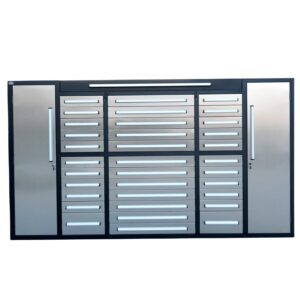 product dimensions:102"x22"x57" 9ft storage cabinet 34drawer steel tool chest cabinet, stainless steel top, galvanized drawers