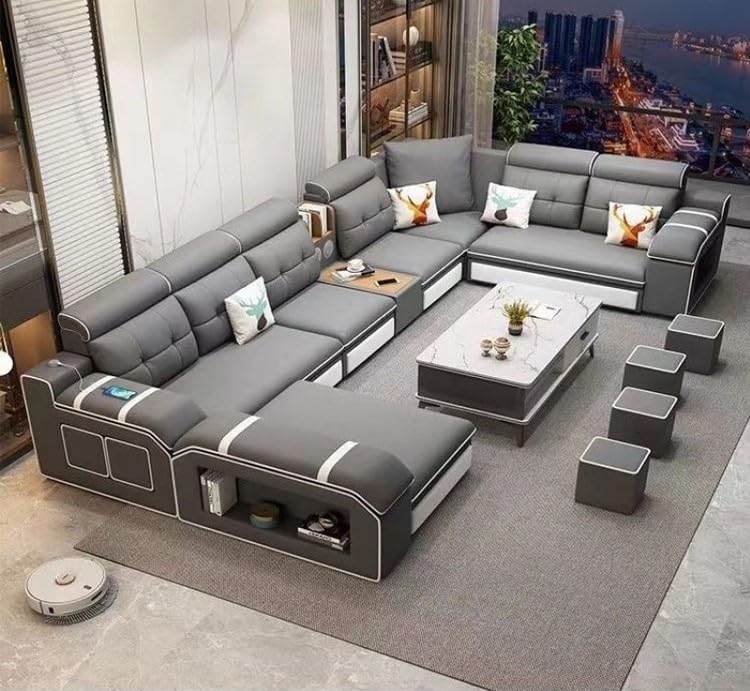 ALKKAR Modern Fabric U-Shaped Sofa Multifunctional Corner Sofa Combination Living Room Furniture Sofa Set with USB Connection, Modern Gray Leather Sectional Sofa Set for Living Room, Home Office