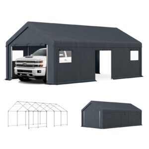 green party carport, 13'x24' extra large heavy duty carport with roll-up windows, waterproof & 12 legs car canopy portable garage shelter with removable sidewalls & doors for car, truck, suv, boat