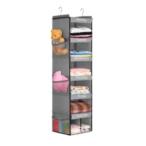 temuorg weekly school clothes organizer days of week clothing organization for kids hanging closet shelf storage with monday to saturday layers (rod hanging)