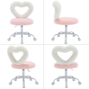 DUOMAY Faux Fur Kids Desk Chair, Heart Back Upholstered Computer Chair for Boys and Girls Cute Swivel Height Adjsutable Study Arm Chair for Child Home Bedroom, Pink & White