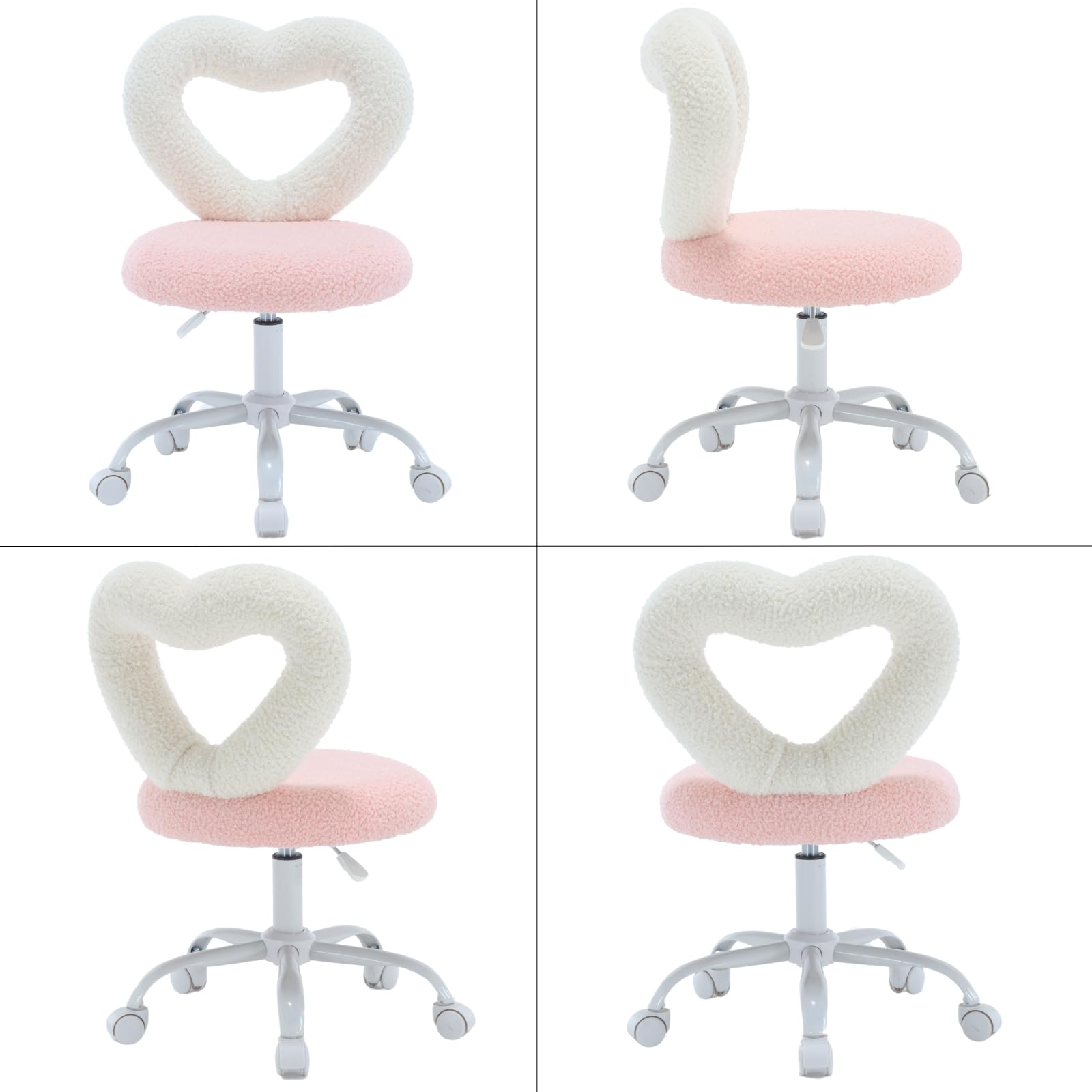 DUOMAY Faux Fur Kids Desk Chair, Heart Back Upholstered Computer Chair for Boys and Girls Cute Swivel Height Adjsutable Study Arm Chair for Child Home Bedroom, Pink & White