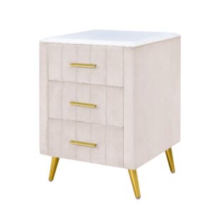 Merax Nightstand with Drawers Set of 2, Upholstered Wood Bedside End Table with Marbling Top, Beige