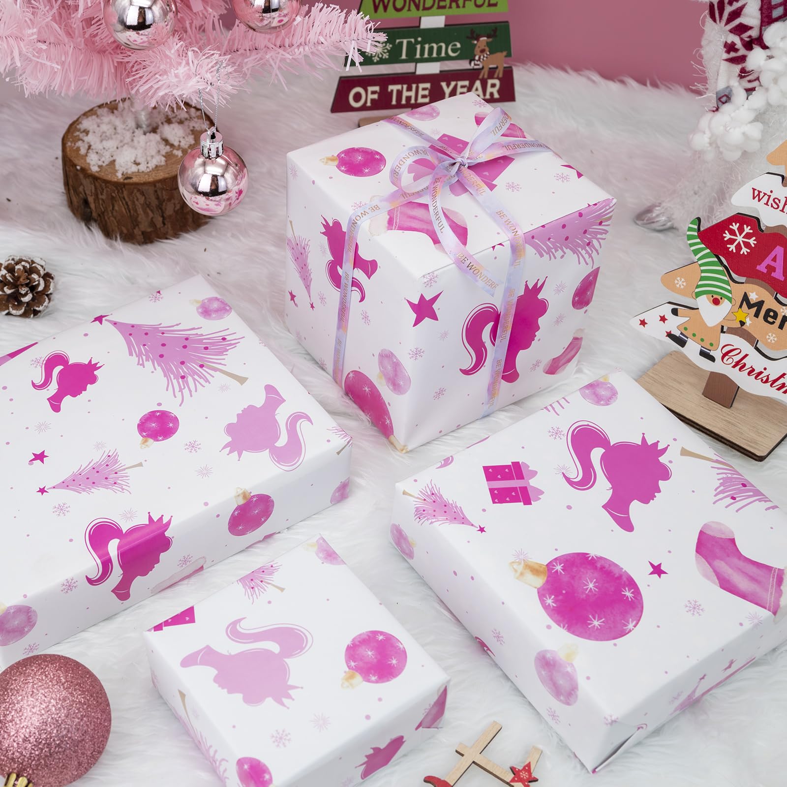 Vnaaem Pink Christmas Wrapping Paper for Girls Kids - Princess Christmas Tree Stocking Gift Design Cute Xmas Gift Wrap for Holiday Party Baby Shower Wedding Winter Birthday, 19.6 X 27.8Inch Per Sheet(6 Sheets)