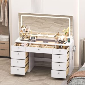 jassmipkwy makeup vanity desk with mirror - 46 inch glass tabletop vanity table with lights, drawers, power outlet, large storage desk for bedroom, white