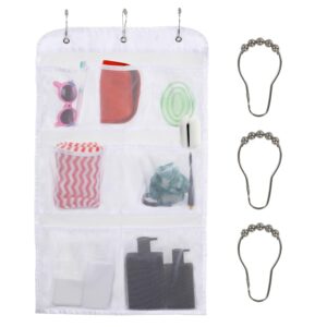 mesh shower caddy hanging organizer 7 pockets bathroom shower pockets storage bag quick drying shower mesh with curtain hooks for shampoo, soap, bath toys & cruise ship essentials, 29.5 x 17 in (1)