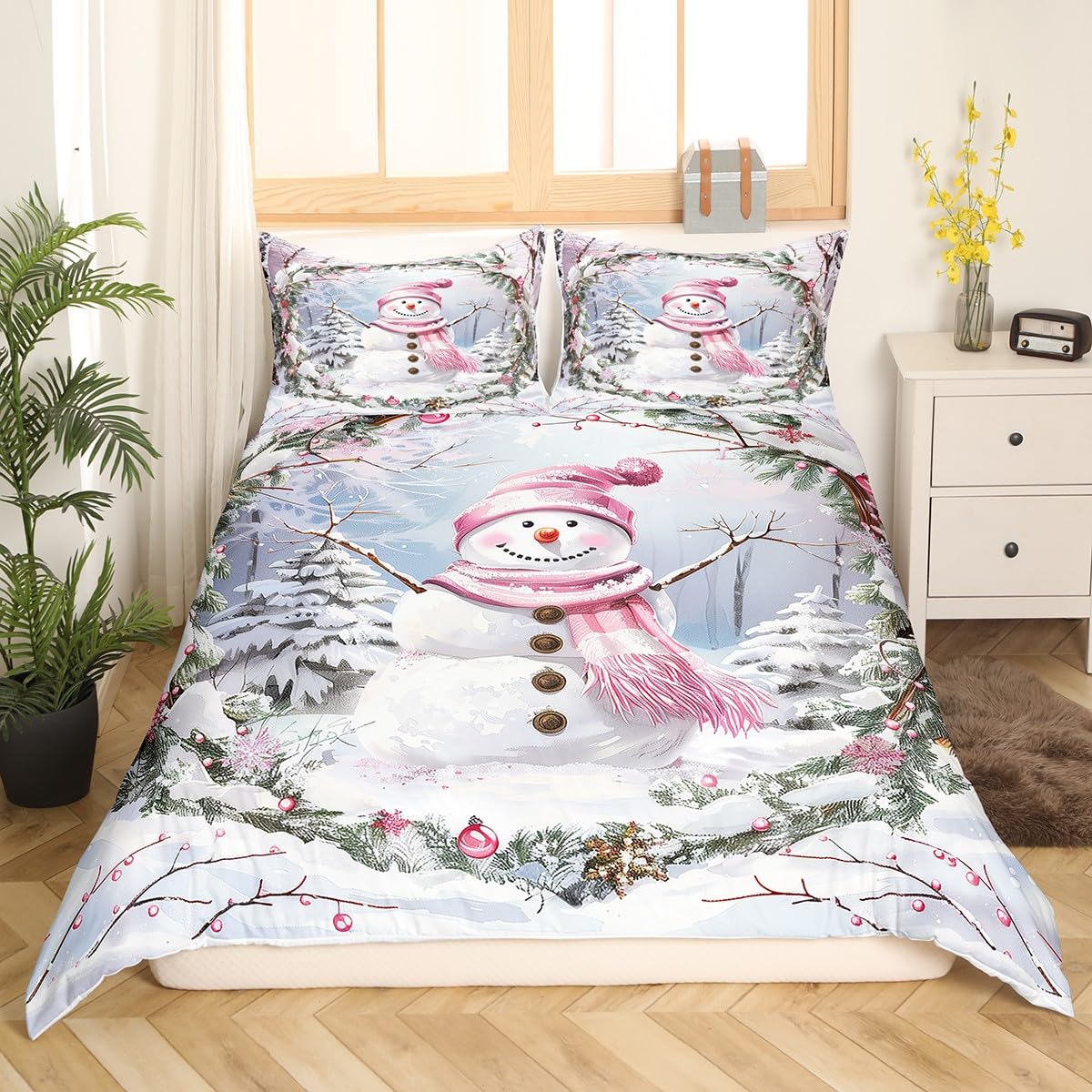 Cute Snowman Duvet Cover Queen Size,Pink Scarf Hat Comforter Cover with 2 Pillowcase for Teens Adults,Kids Merry Christmas Bedding Set,Pine and Snow Breathable 3 Pcs Decorative Bed Cover(No Comforter)