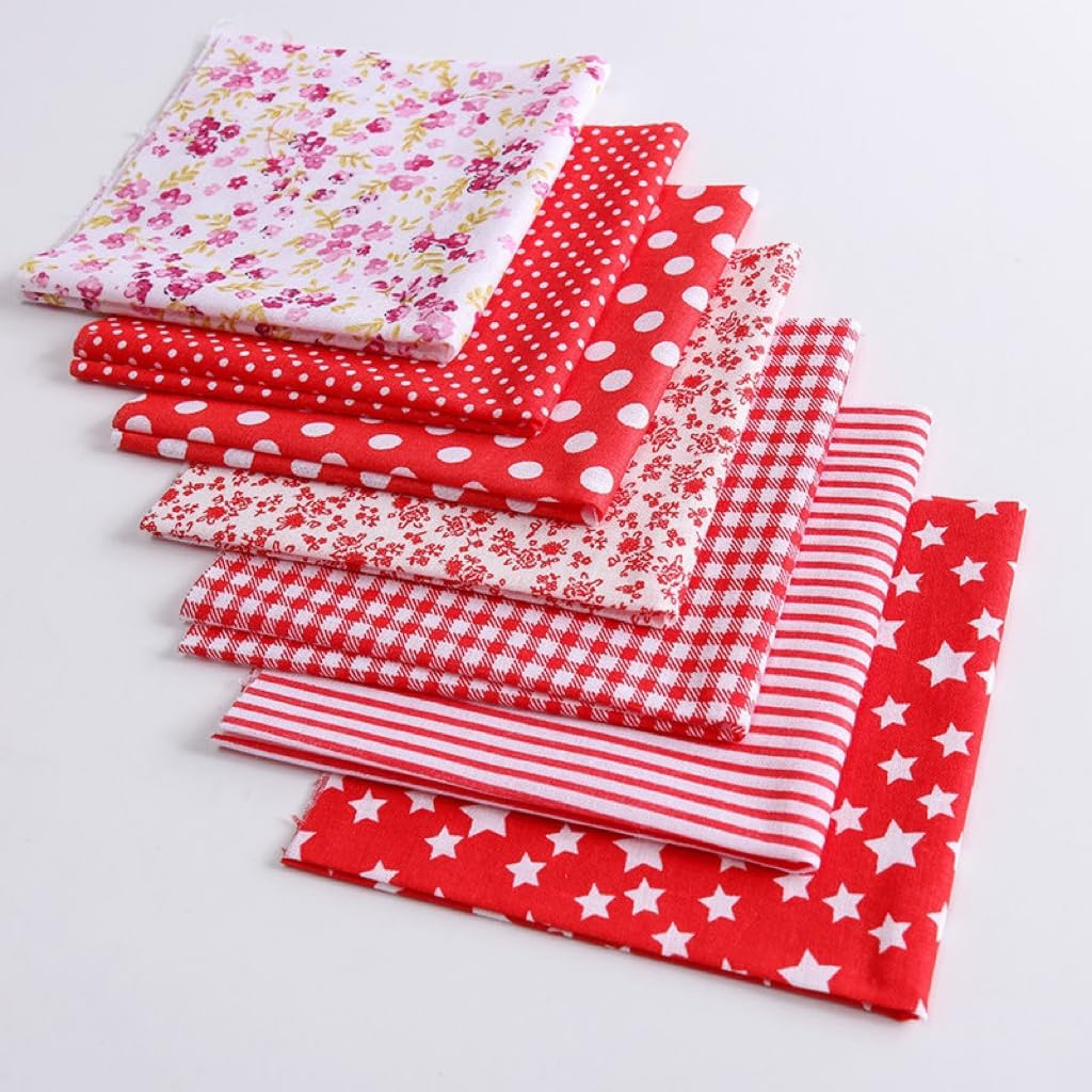 7Pcs Top Red Cotton Craft Fabric Bundle Squares Patchwork DIY Sewing Scrapbooking Quilting Floral Dot Pattern Craft and Hobby Fabric 10" x 10" (25cm x 25cm)