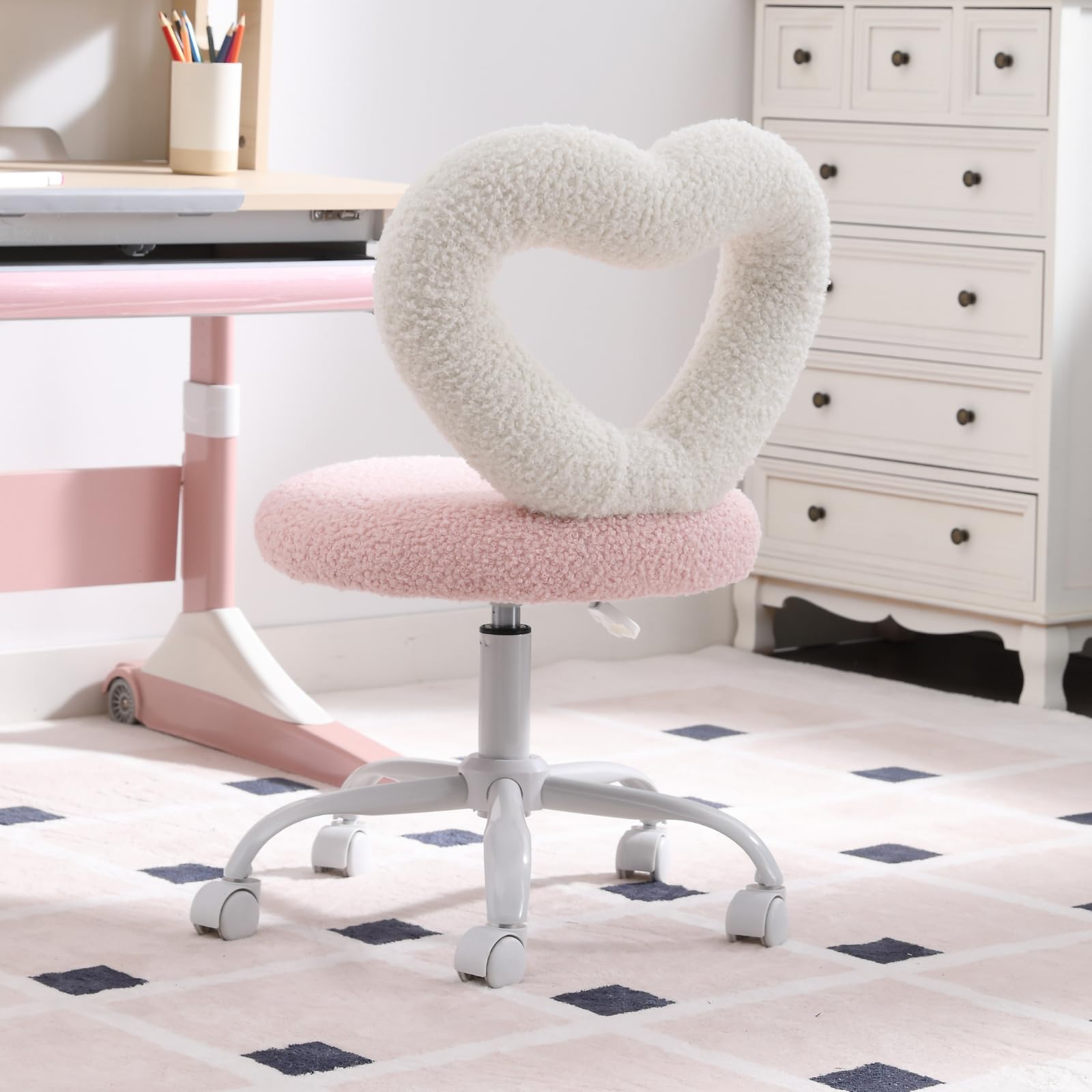 DUOMAY Faux Fur Kids Desk Chair, Heart Back Upholstered Computer Chair for Boys and Girls Cute Swivel Height Adjsutable Study Arm Chair for Child Home Bedroom, Pink & White