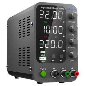 jesverty dc power supply variable, 0-32v 0-10a switching bench power supply with 20w usb & type-c quick-charge, encoder corase & fine adjustment knob, output switch, 4-digit led display - sps-3010v