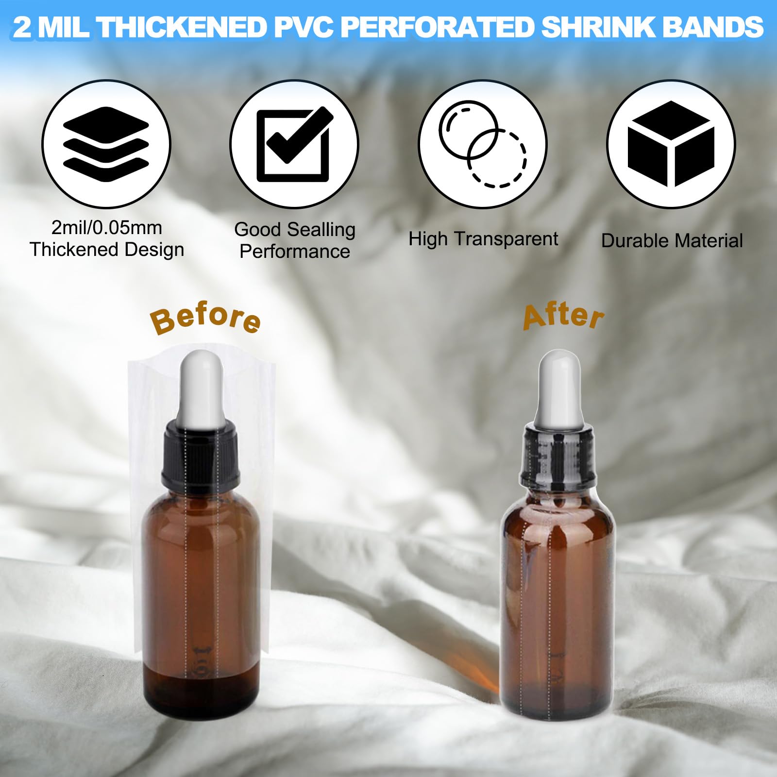 PATIKIL 75x28mm PVC Perforated Shrink Bands, 1000Pcs 0.05 mm/2 Mil Thickened Heat Shrink Seal Wrap Fit for 1.5"-1.75" Cap Diameter Essential Oil Bottles Jars Cans Tin, Clear