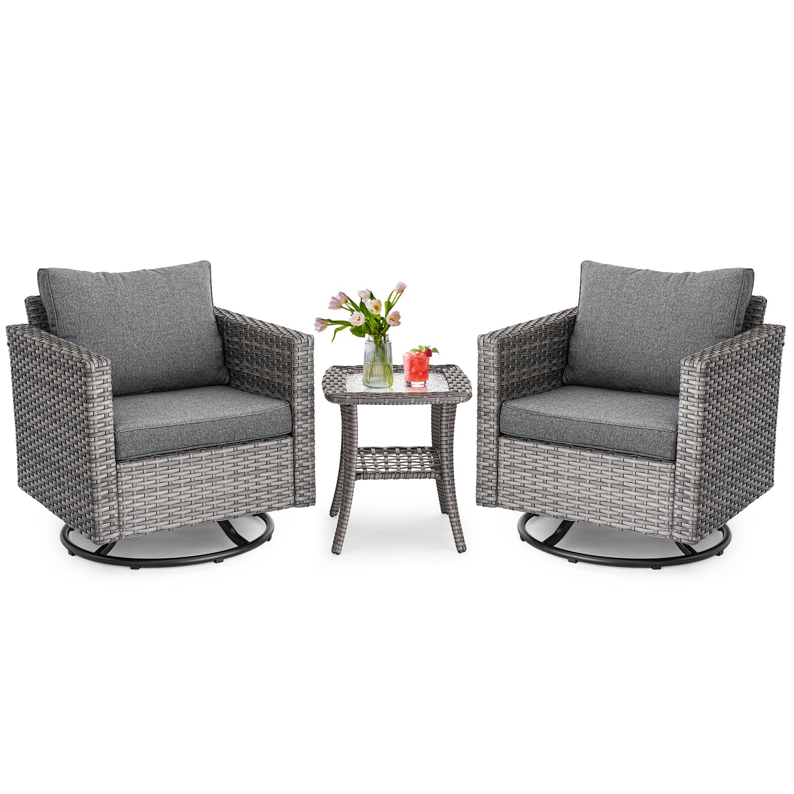 Patio Wicker Swivel Rocker Chairs, Outdoor Glider Rocking Chairs Set of 2 with Side Table, High Back and Thick Cushion Patio Swivel Glider Chair 3 Piece Patio Furniture Sets for Porch Backyard Pool